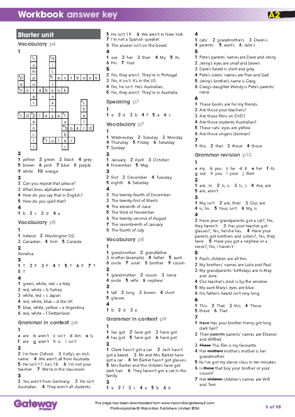 NB A2 Workbook-answer-key - Starter unit Vocabulary p 1 ####### 1 c 2 d ...