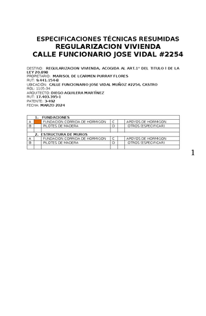 especificaciones técnicas para proyecto de vivienda unifamiliar - 1 ESPECIFICACIONES TÉCNICAS ...