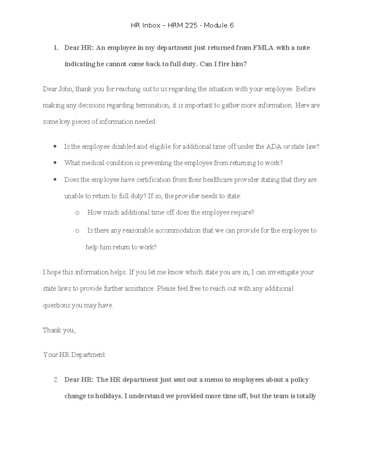 HR Inbox -Module 6- HRM 225 - Dear HR: An employee in my department ...
