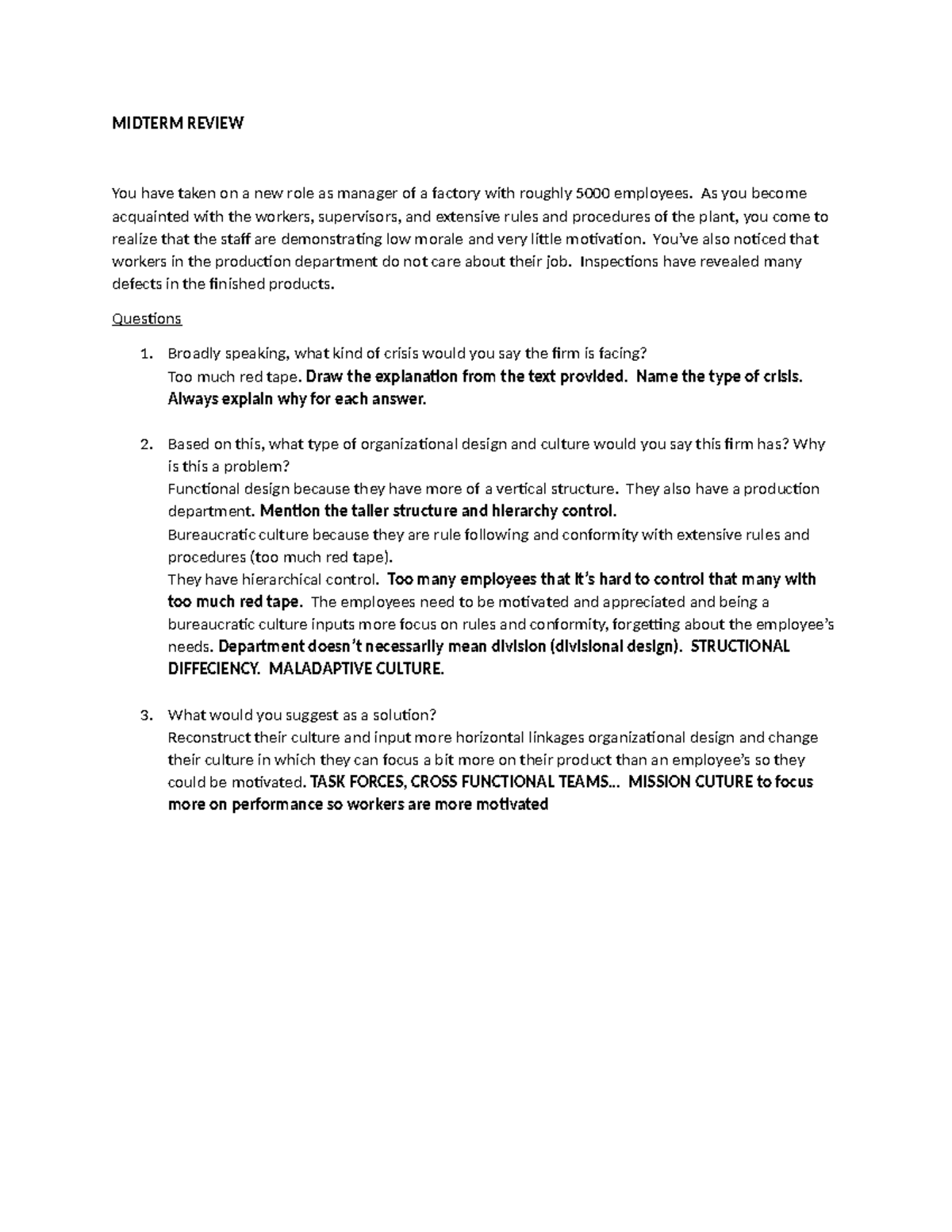 Midterm Review - MANA 341 - MIDTERM REVIEW You have taken on a new role as manager of a factory ...