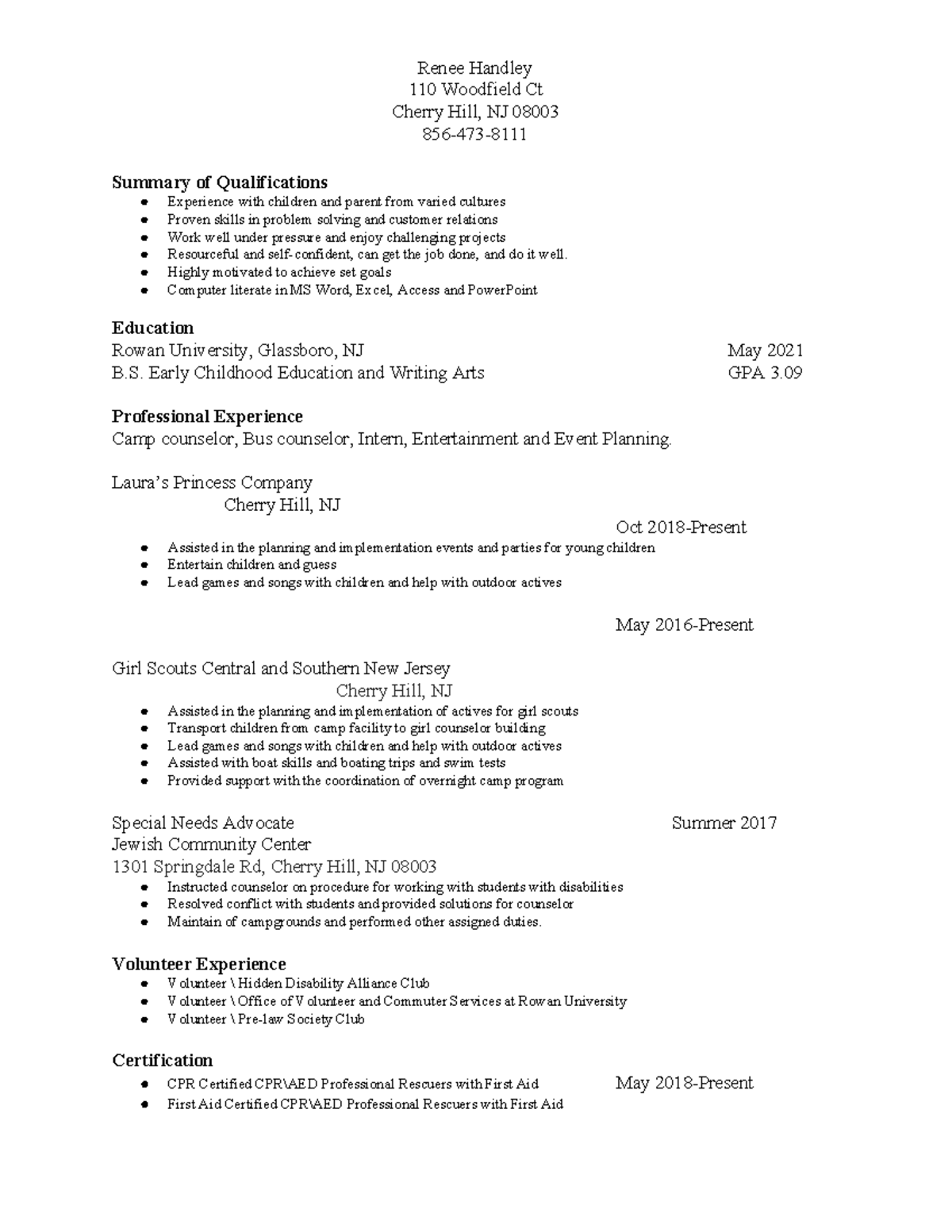 Resume Renee Handley - Homework - Renee Handley 110 Woodfield Ct Cherry ...