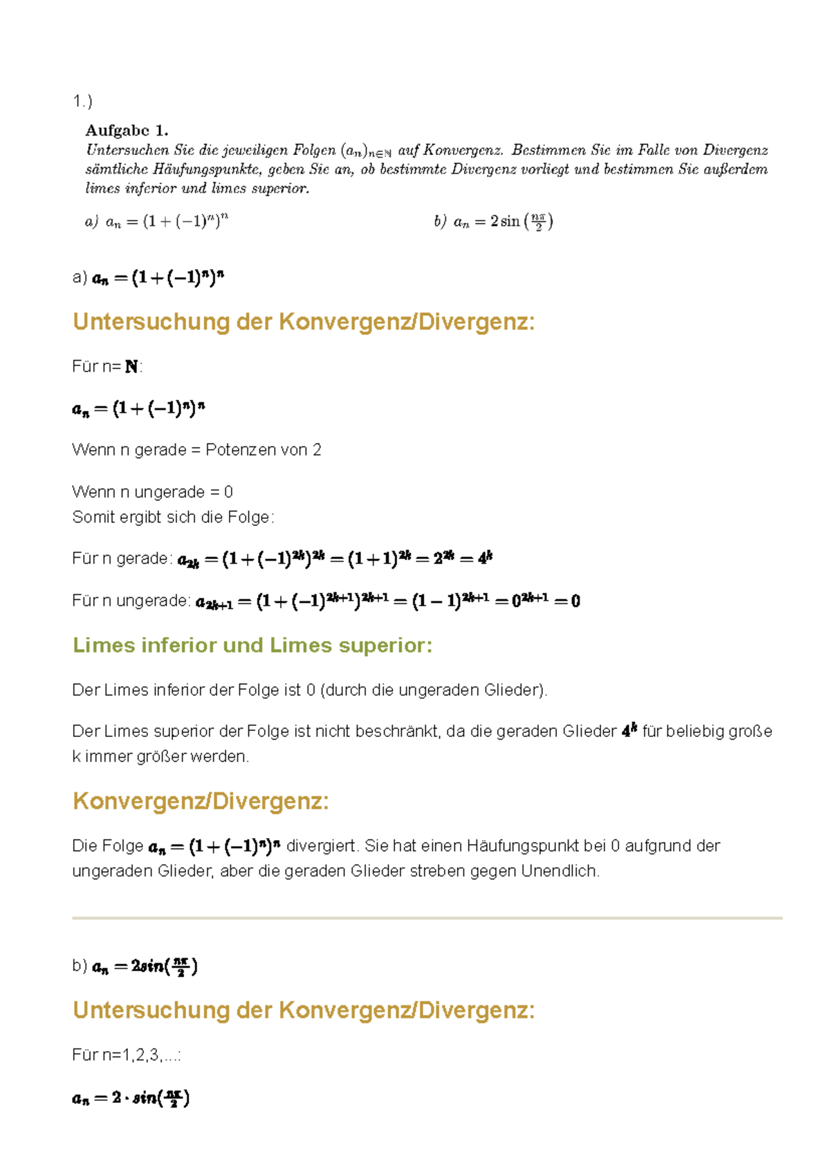 Mathe Hausaufgaben 6 - 1.) a) an = (1 + (−1)n)n Untersuchung der ...