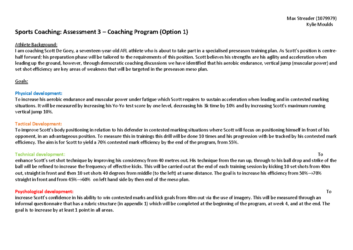 Sports Coaching Assignment 3 - Kylie Moulds Sports Coaching: Assessment ...