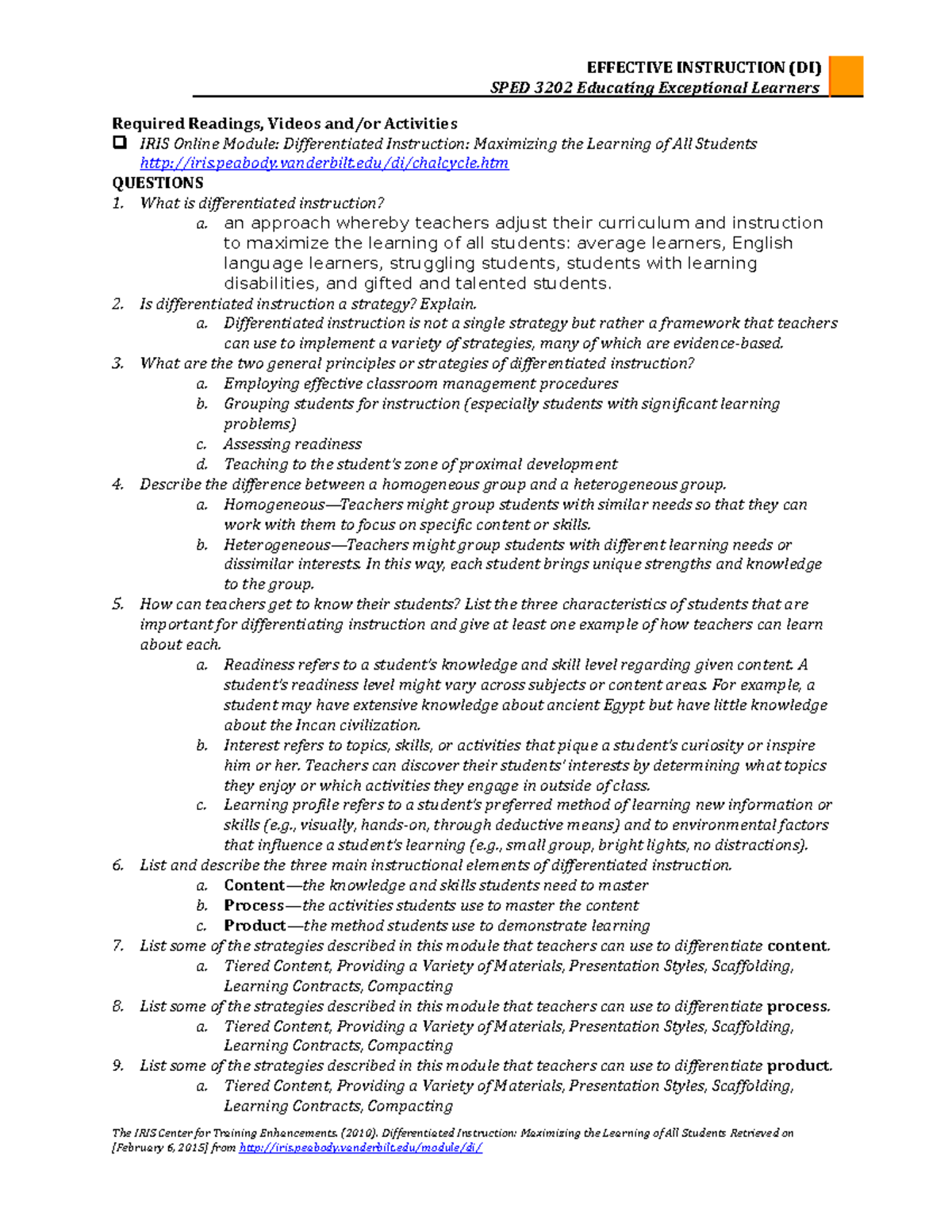 Study Guide #5-2 - EFFECTIVE INSTRUCTION (DI) SPED 3202 Educating ...