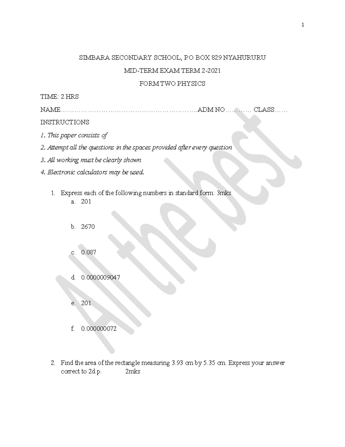 Physic 2 end term2 - This is a good assignment - SIMBARA SECONDARY ...