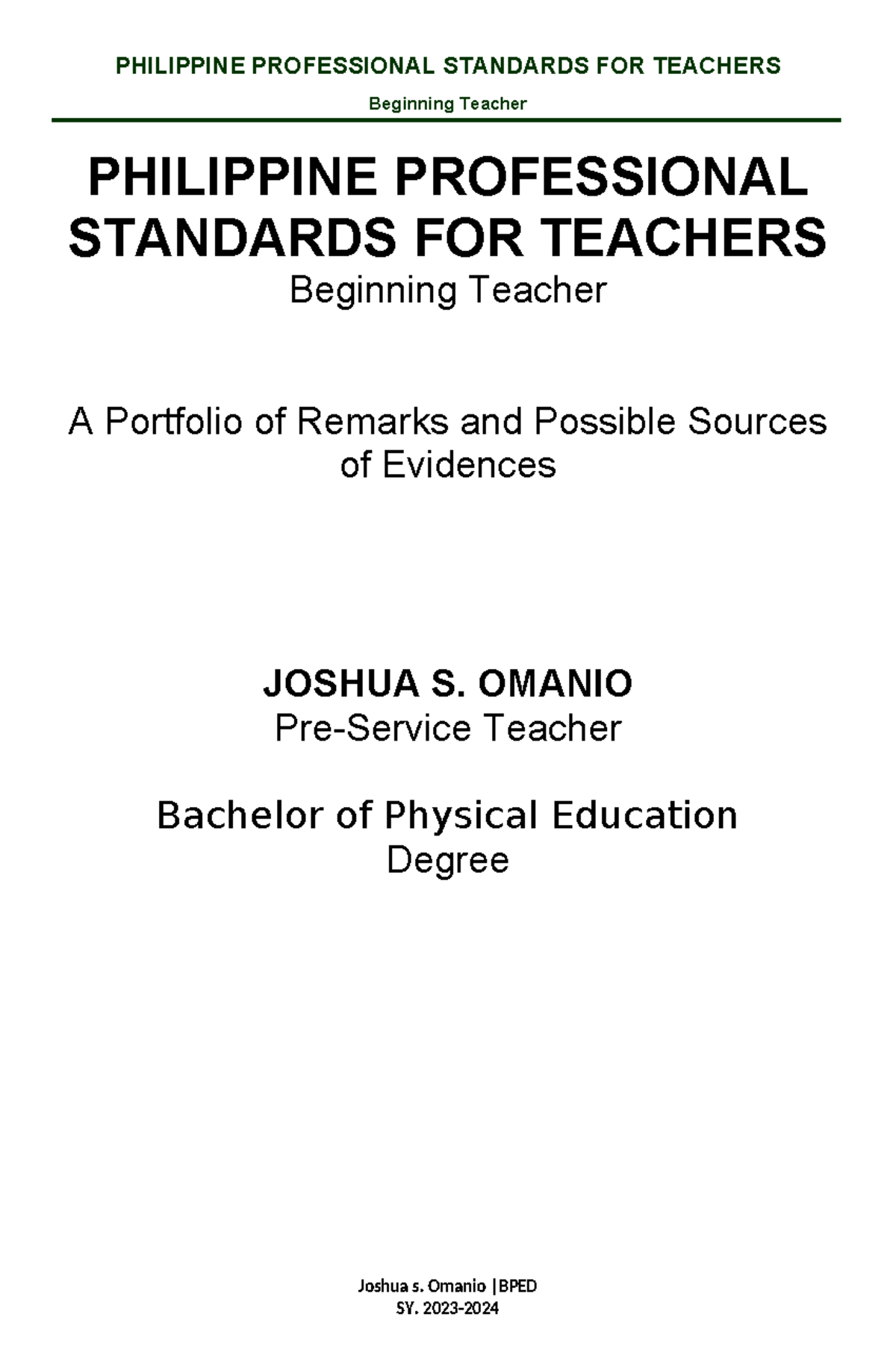 PPST Domains Remarks and Evidences Omanio - Beginning Teacher ...