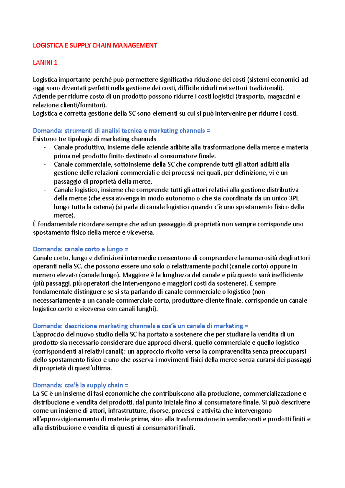 Logistica - LOGISTICA E SUPPLY CHAIN MANAGEMENT LANINI 1 Logistica ...