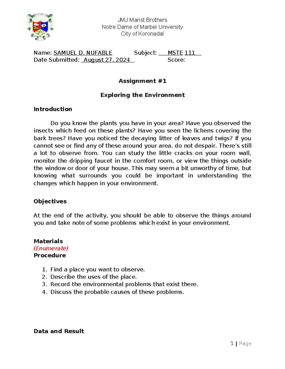 Assignment 1-Exploring-the-Environment - Copy - JMJ Marist Brothers ...