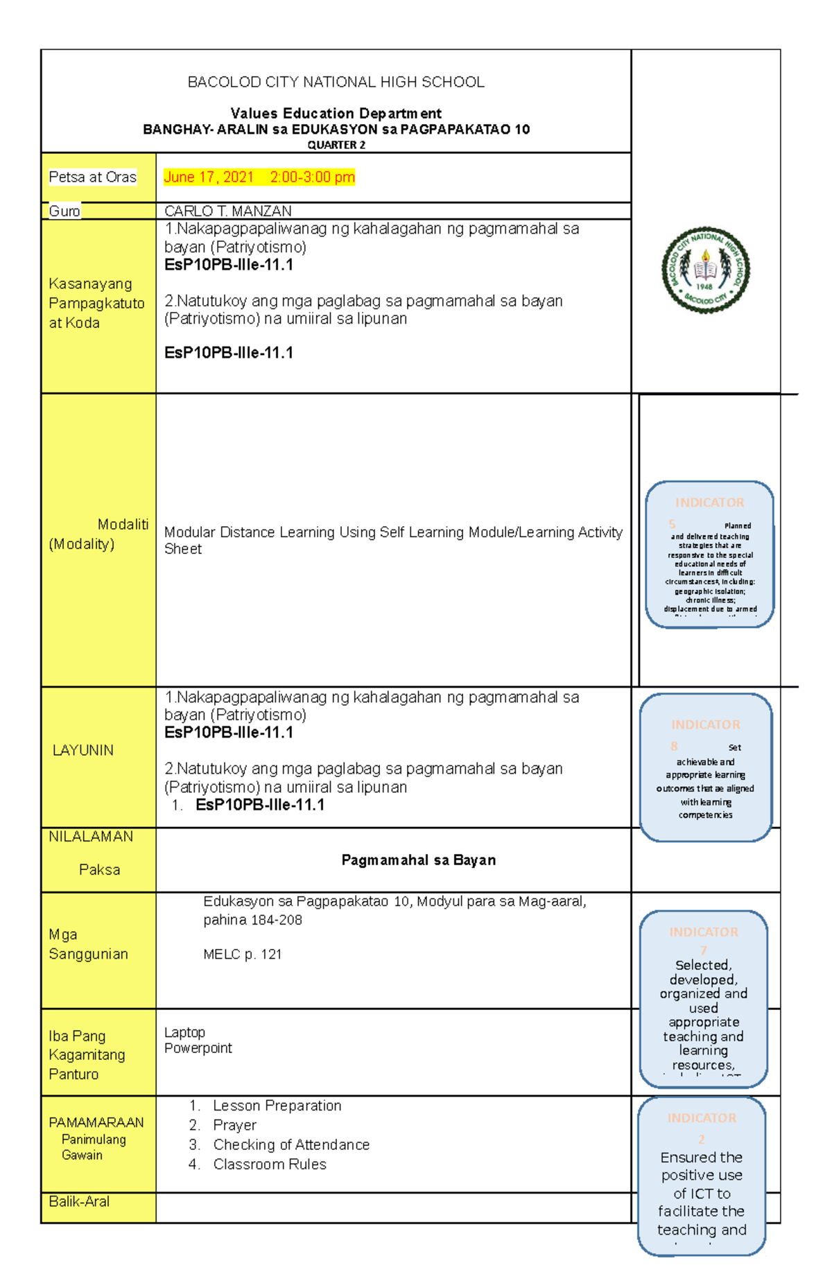 Banghay Aralin Sa ESP Grade 10 Qtr 3 Es P10PB-IIIe-11.1, Es P10PB-IIIe ...