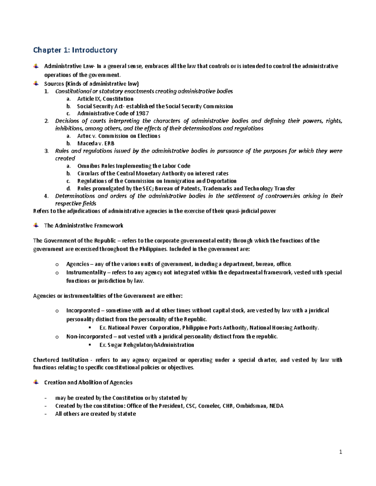 Admin Outline Agpalo docx - Chapter 1: Introductory Administrative Law ...
