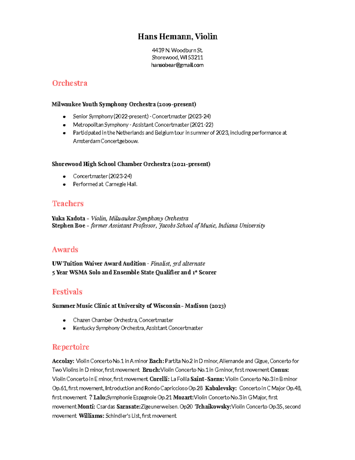 Resume - ……m sjdj. - Hans Hemann, Violin 4439 N. Woodburn St. Shorewood ...