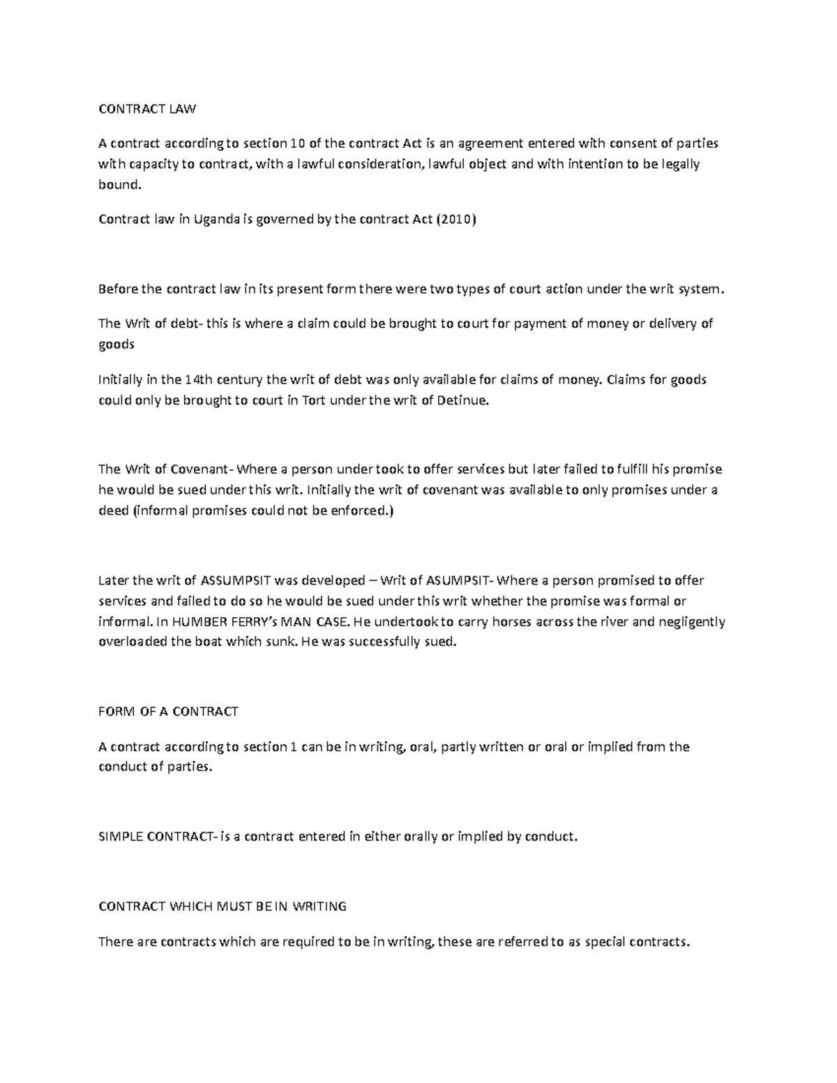 Law Of Contracts 1 Lecture Notes CONTRACT LAW A Contract According To
