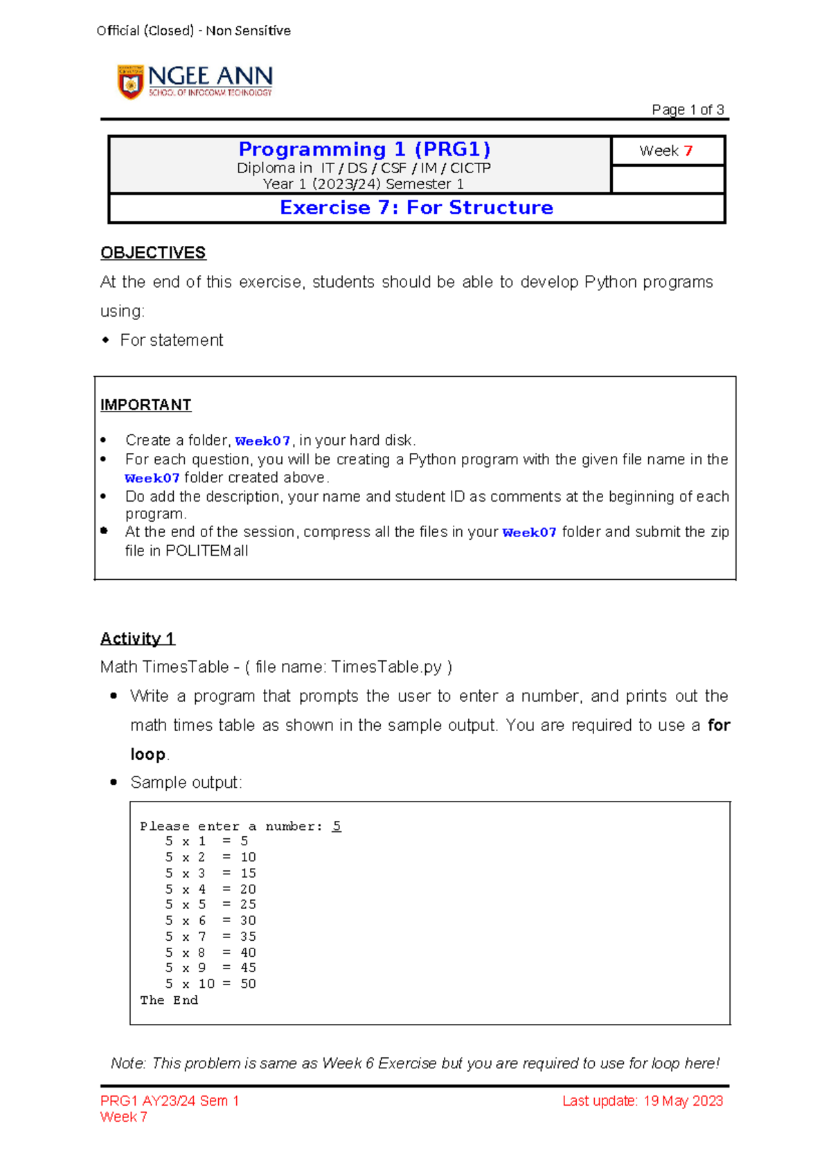 PRG1 Week 7 - Exercise - Official (Closed) - Non Sensitive Page 1 of 3 Programming 1 (PRG1 ...