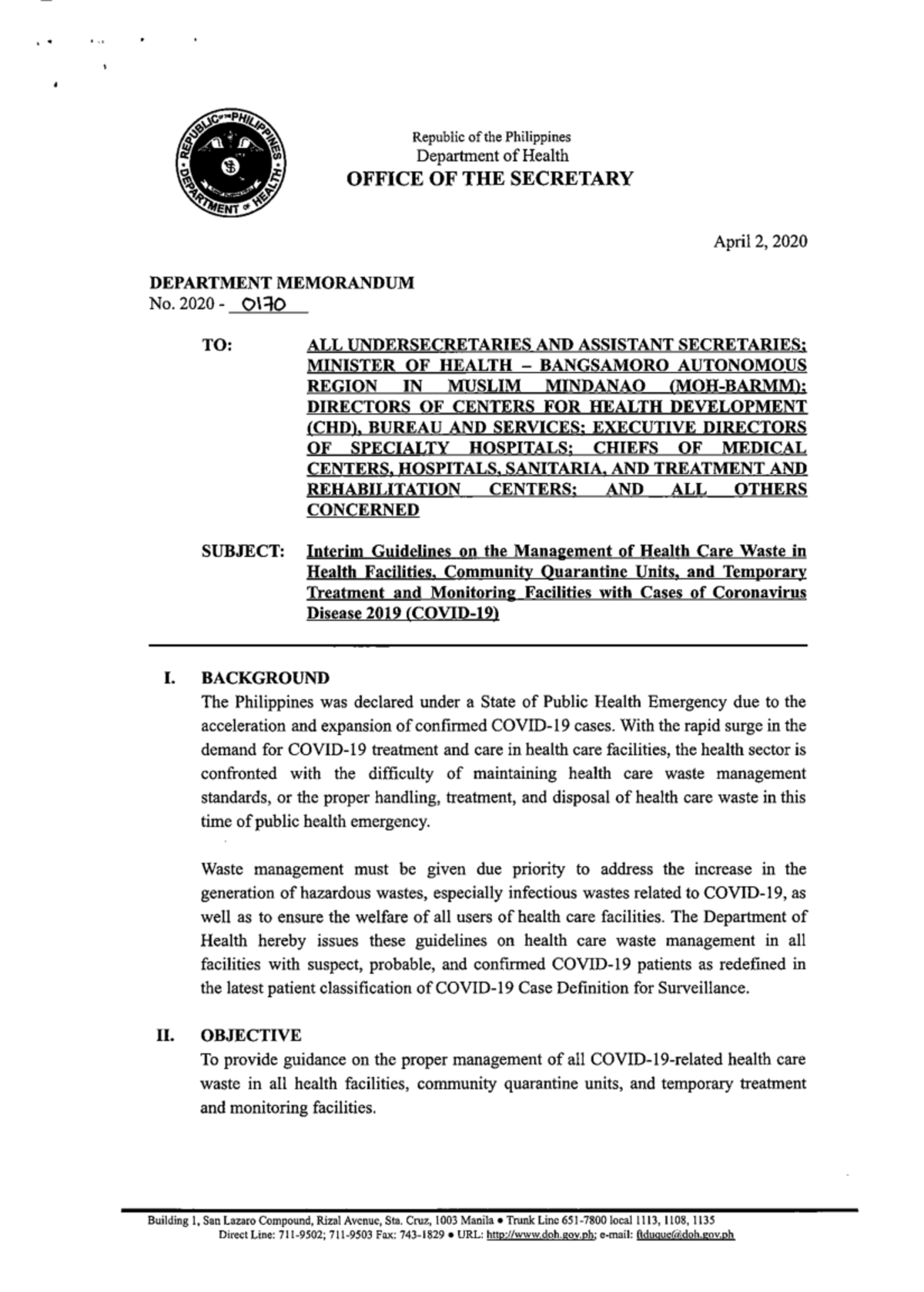 DOH DM 2020-0170 Interim Guidelines on the Management of the Health ...
