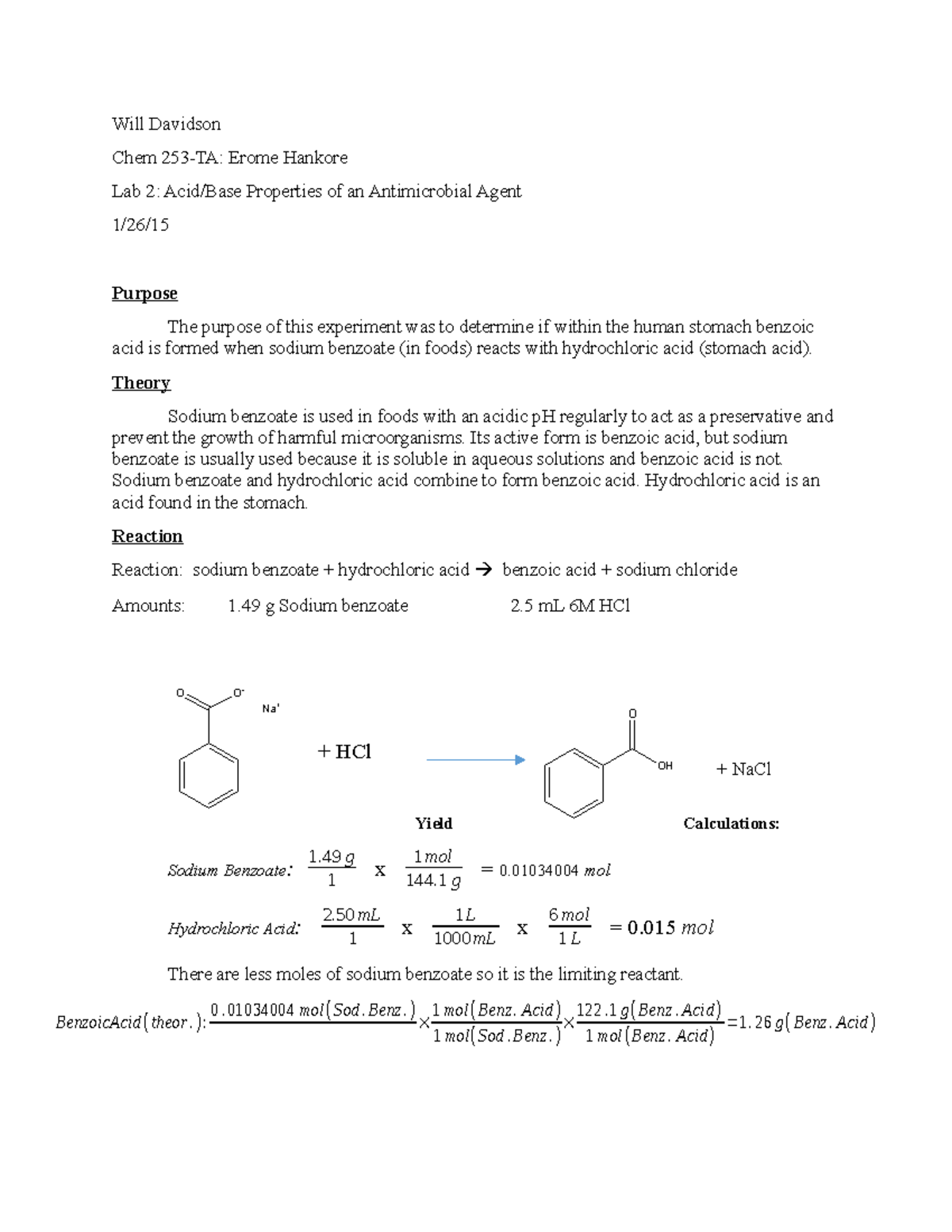 Ochem lab 2 - Acid/Base properties of an antimicrobial agent - Will Davidson Chem Erome Hankore ...