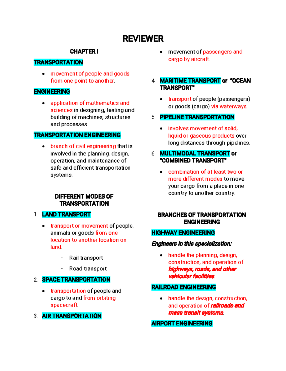 HRE QUIZ 1 Reviewer 1 - HRE - REVIEWER CHAPTER I TRANSPORTATION ...