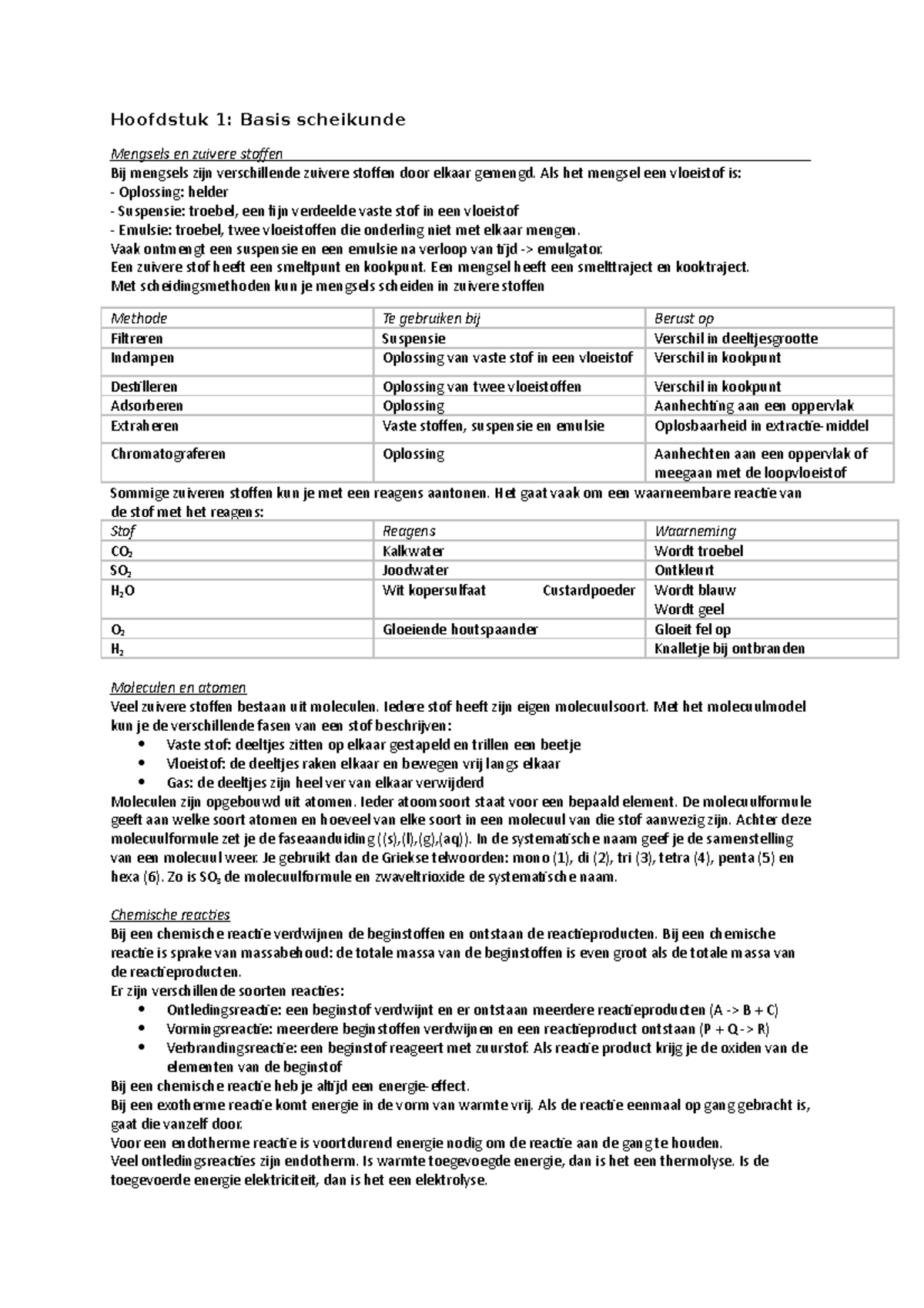Scheikunde hoofdstuk 1 - Hoofdstuk 1: Basis scheikunde Mengsels en ...