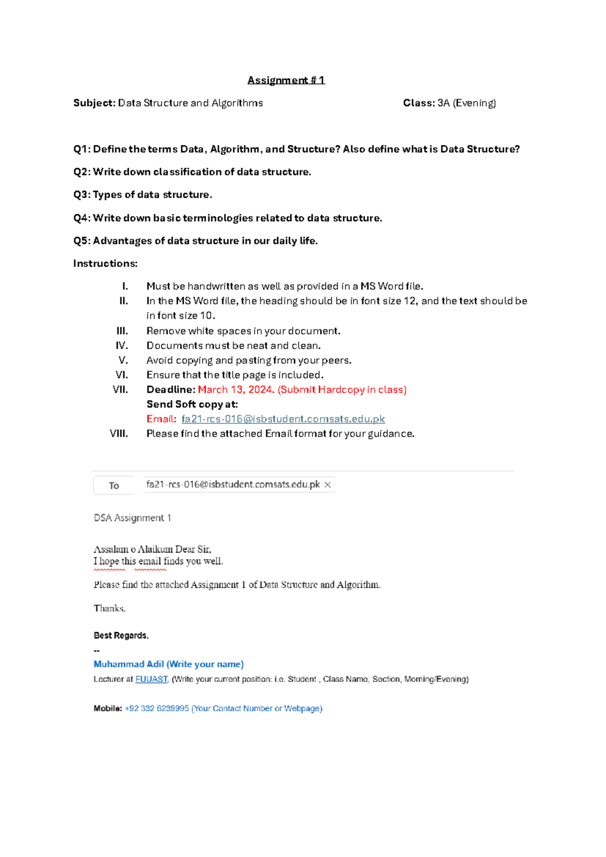 DSA Ass1 EVe - the given pdf is about basics dsa concepts - Assignment # 1 Subject: Data ...
