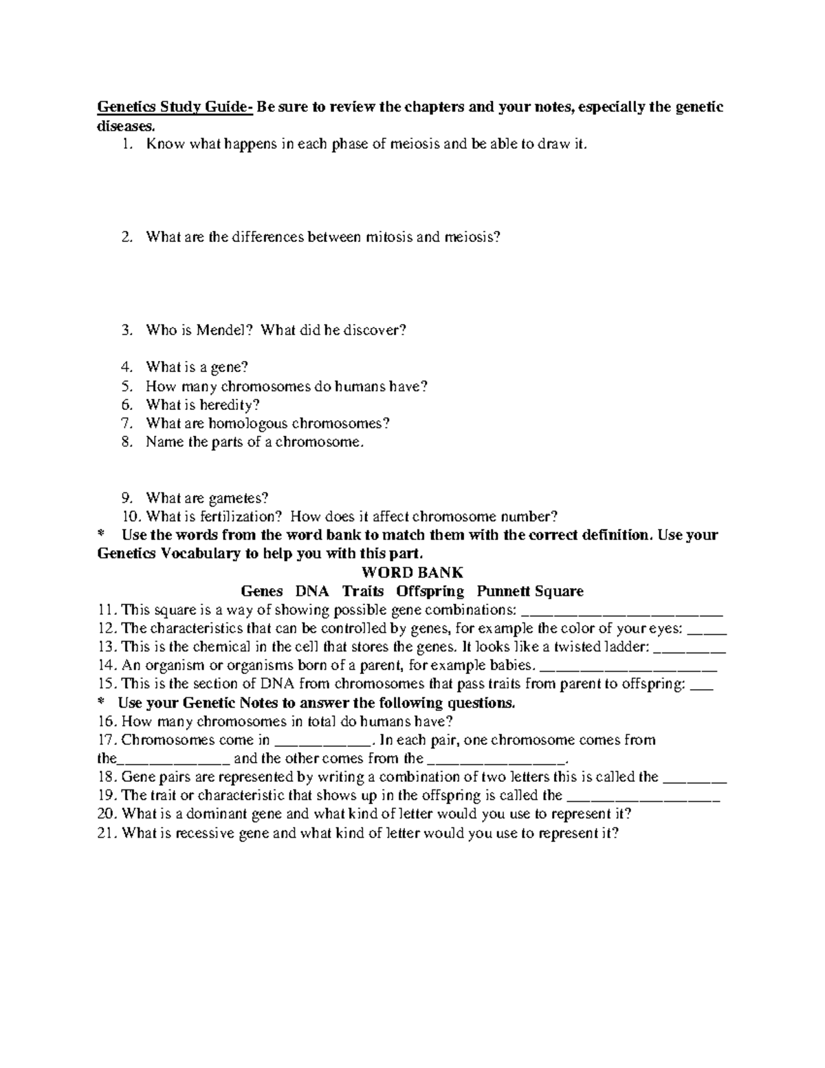 Genetics study guide - Genetics Study Guide- Be sure to review the ...