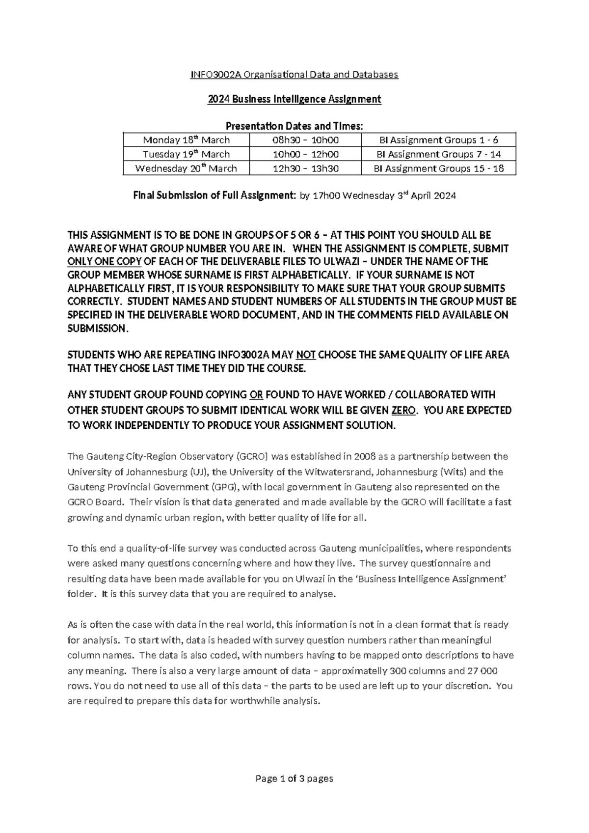 E - Business Intelligence Assignment - INFO3002A Organisational Data and Databases 2024 Business ...