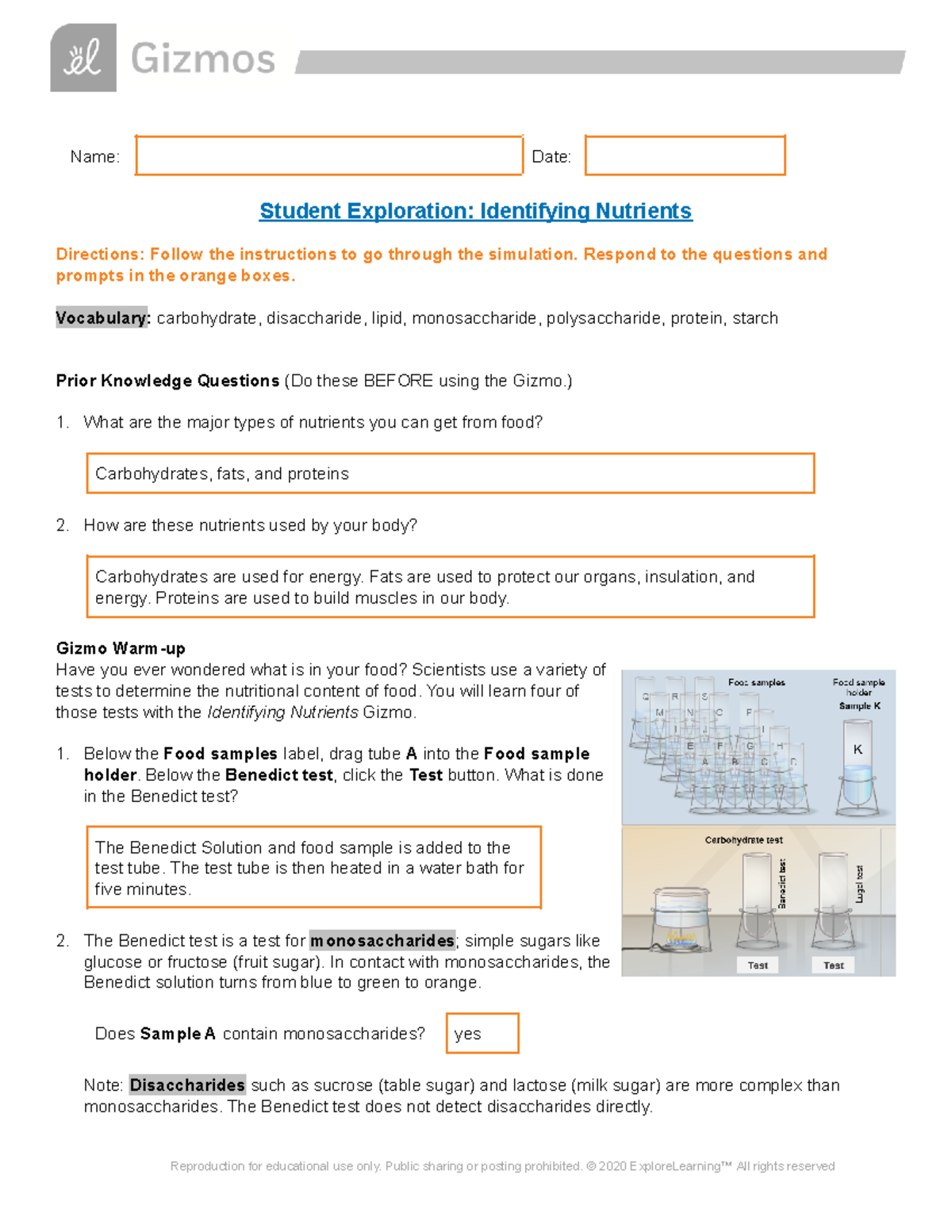 Copy of Identifying Nutrients SE - Name: Date: Student Exploration ...