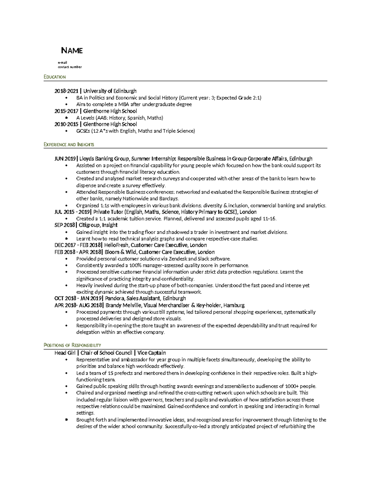 12JJ example CV 14 - sym - NAME e-mail contact number EDUCATION 2018 ...