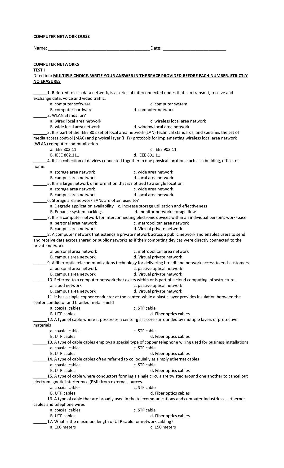 Computer Network QUIZ - COC 2- Sample Questions - COMPUTER NETWORK ...
