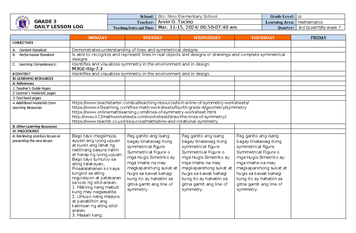 DLL Math 3 Q1 W1 - Math - GRADE 3 DAILY LESSON LOG School: Sto. Nino ...