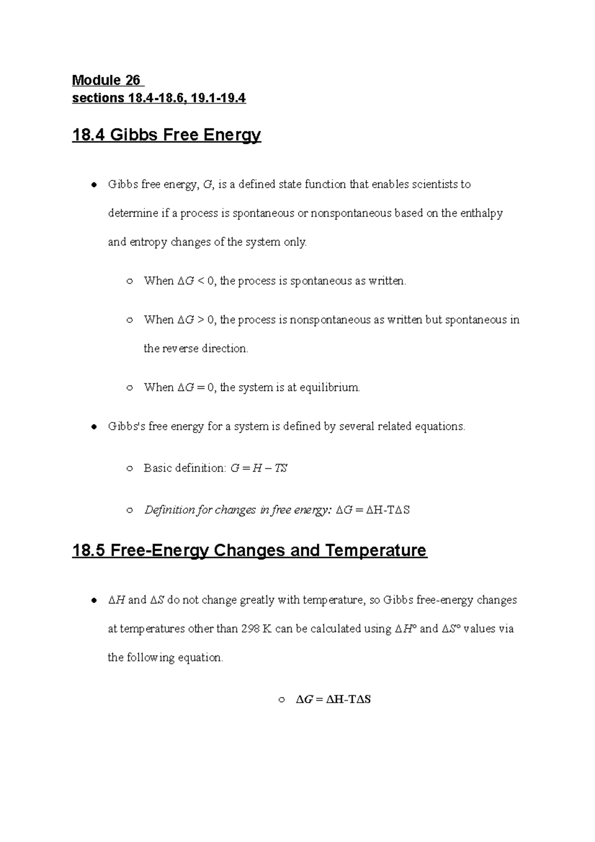 CHE132 Module 26 Gibbs FREE Energy - Module 26 sections 18-18, 19-19 ...