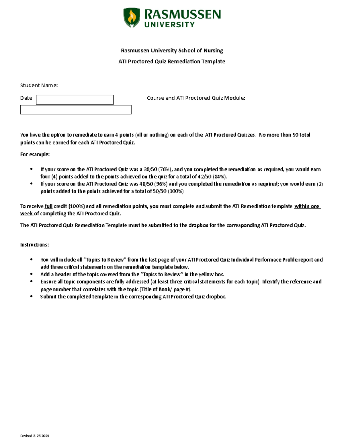 ATI Proctored Quiz Remediation Template - Rasmussen University School ...