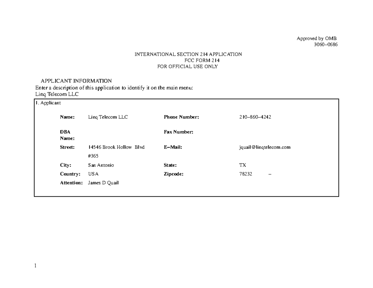 Application - 214 international telecommunication license - APPLICANT ...