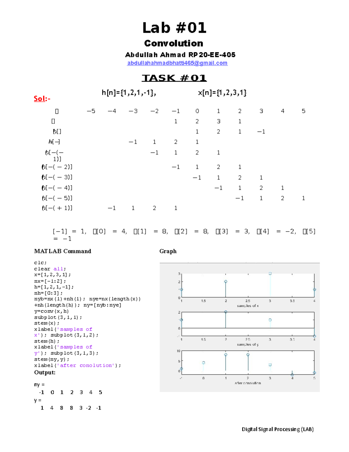 Lab-1 124219 - a great book - Digital Signal Processing (LAB) Sol:- Lab Convolution Abdullah ...