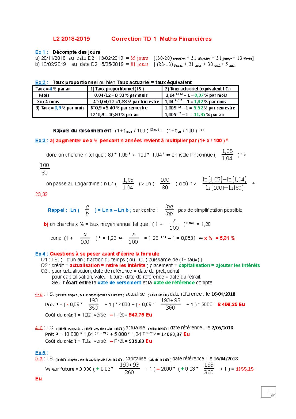 L2 Correction TD maths financières - L2 2018-2019 Correction TD 1 Maths Financières Ex 1 ...