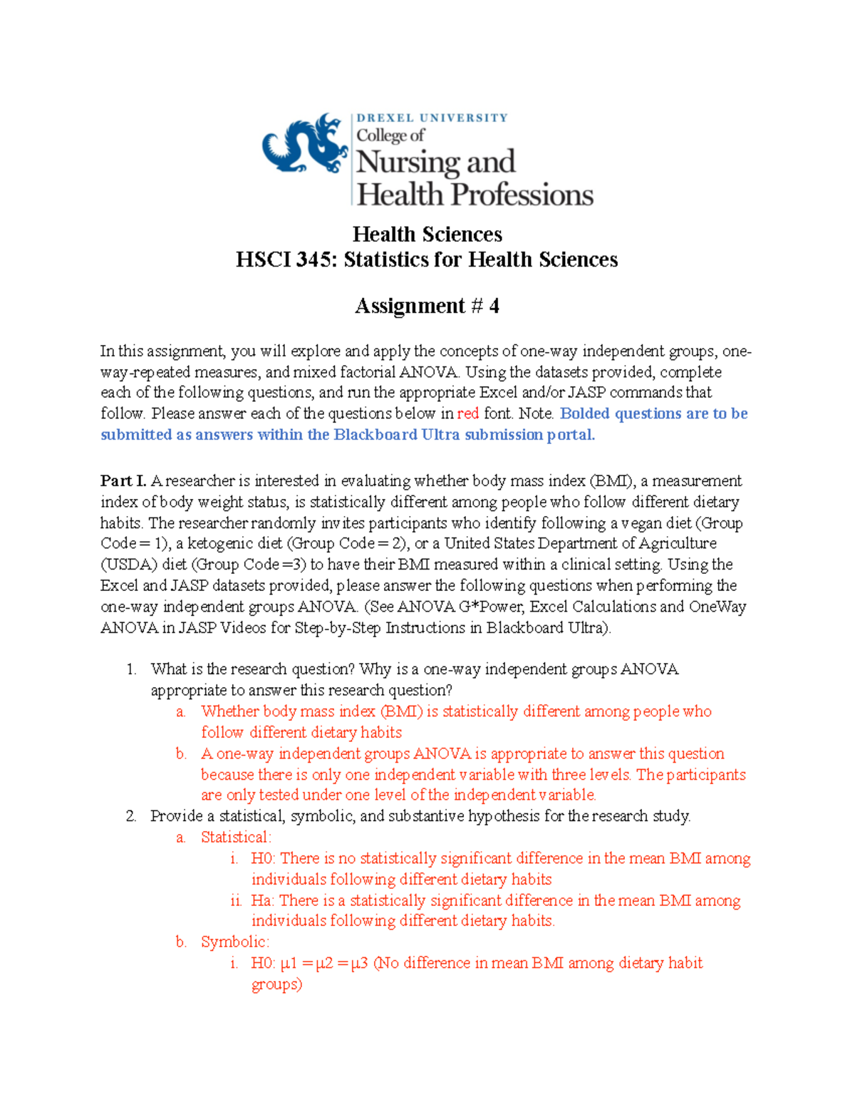 Assignment 4 Stats - Health Sciences HSCI 345: Statistics for Health Sciences Assignment # 4 In ...