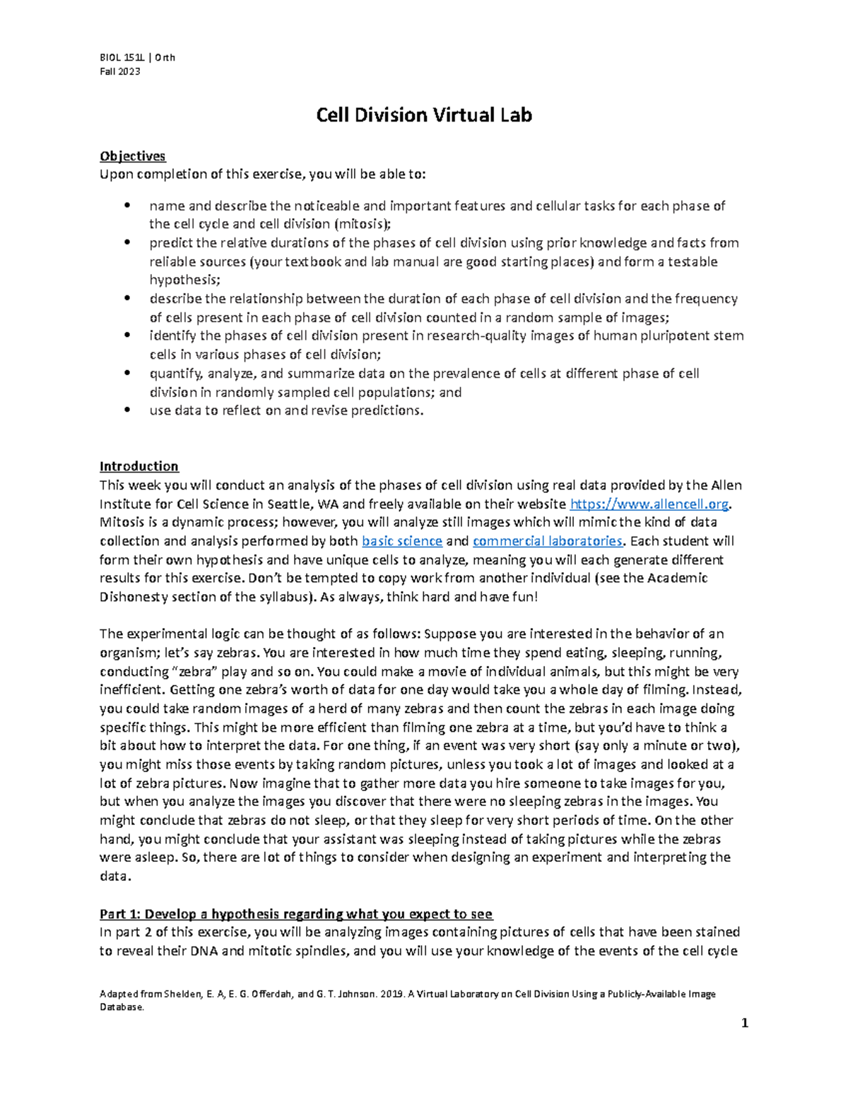 Cell Division Virtual Lab Instructions 1 - Fall 2023 Cell Division ...