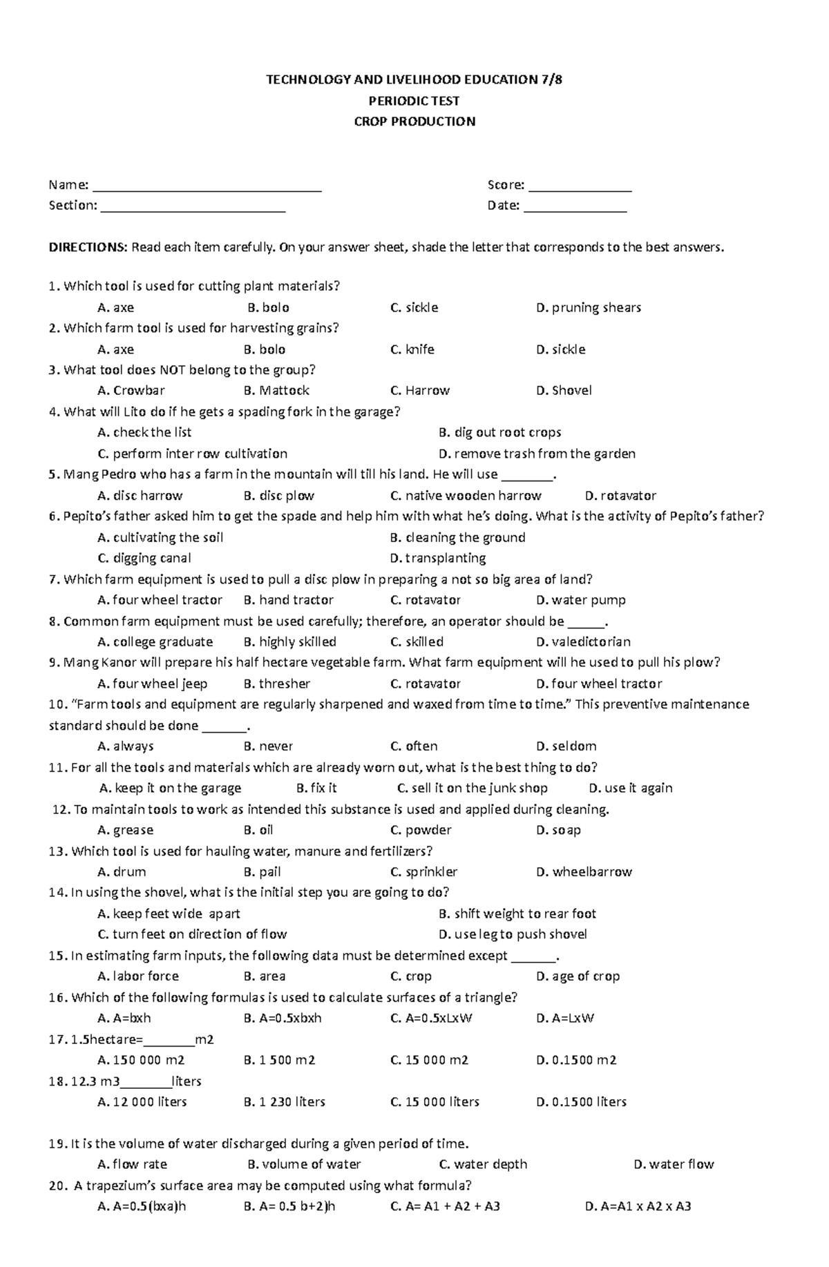 Agricrops EXAM WITH TOS - TECHNOLOGY AND LIVELIHOOD EDUCATION 7 ...