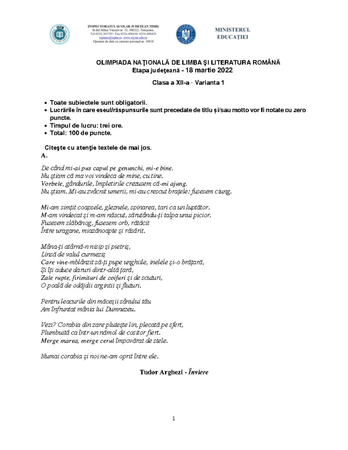 OLLR XII Subiect varianta 1 - 1 OLIMPIADA NAŢIONALĂ DE LIMBA ŞI LITERATURA ROMÂNĂ Etapa ...