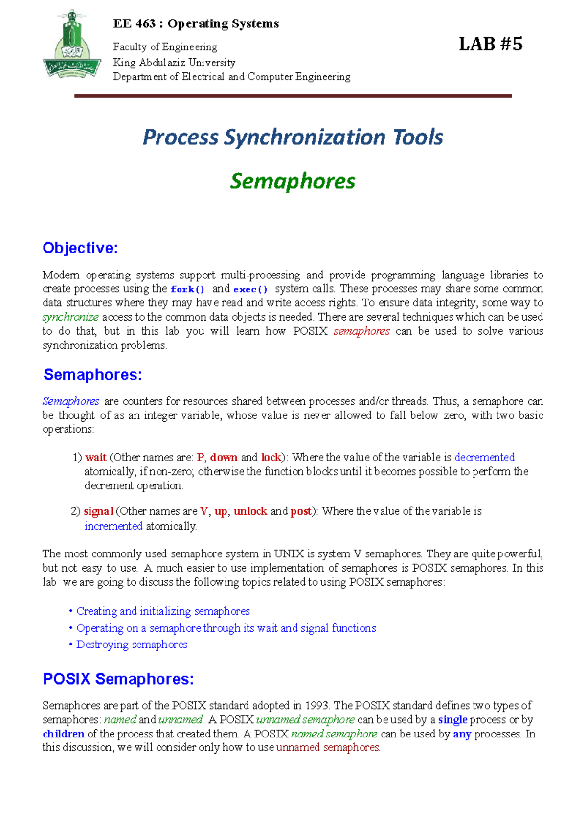EE463 S24 LAB5 - EE 463 : Operating Systems Faculty of Engineering LAB King Abdulaziz University ...