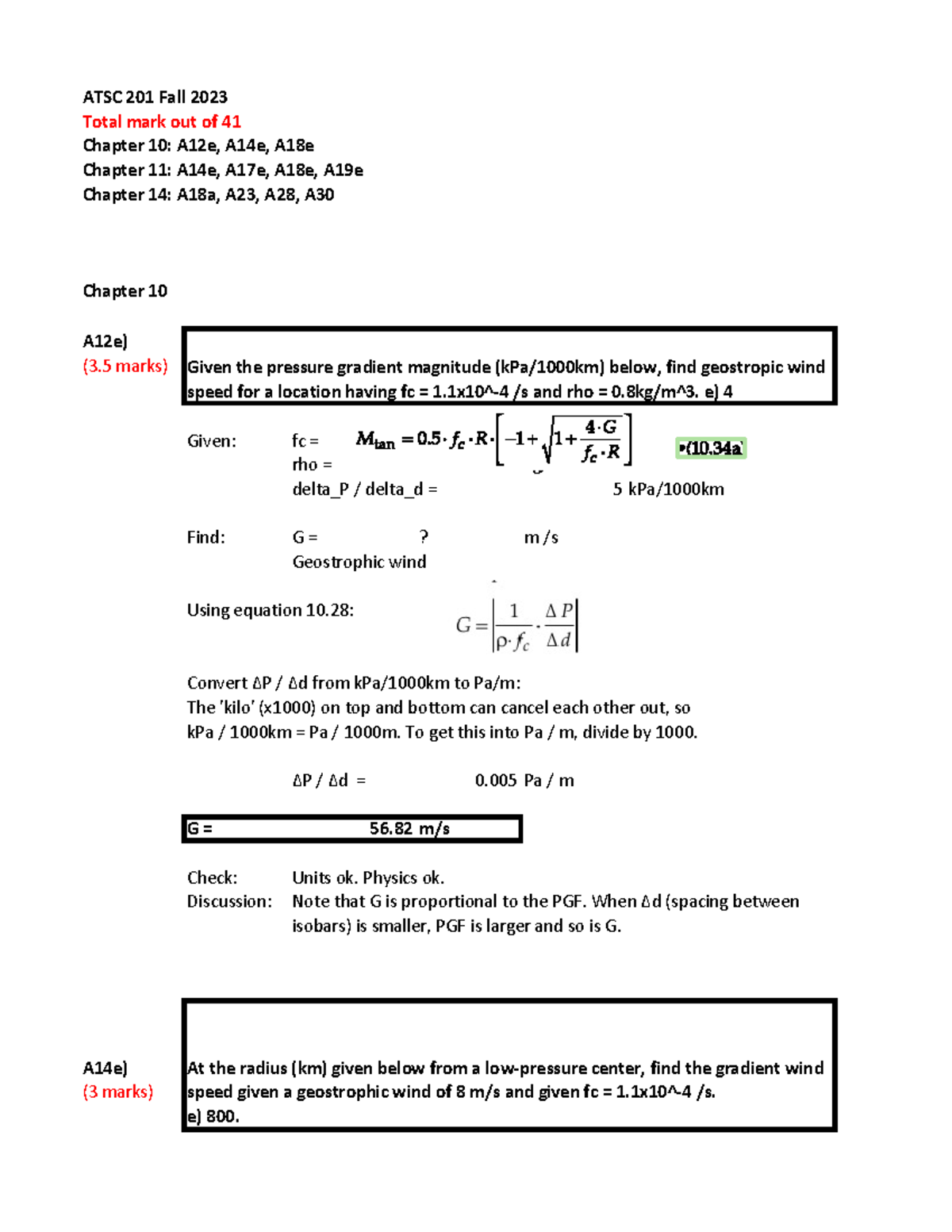 HW4 answerkey students 2023 - ATSC 201 Fall 2023 Total mark out of 41 Chapter 10: A12e, A14e ...