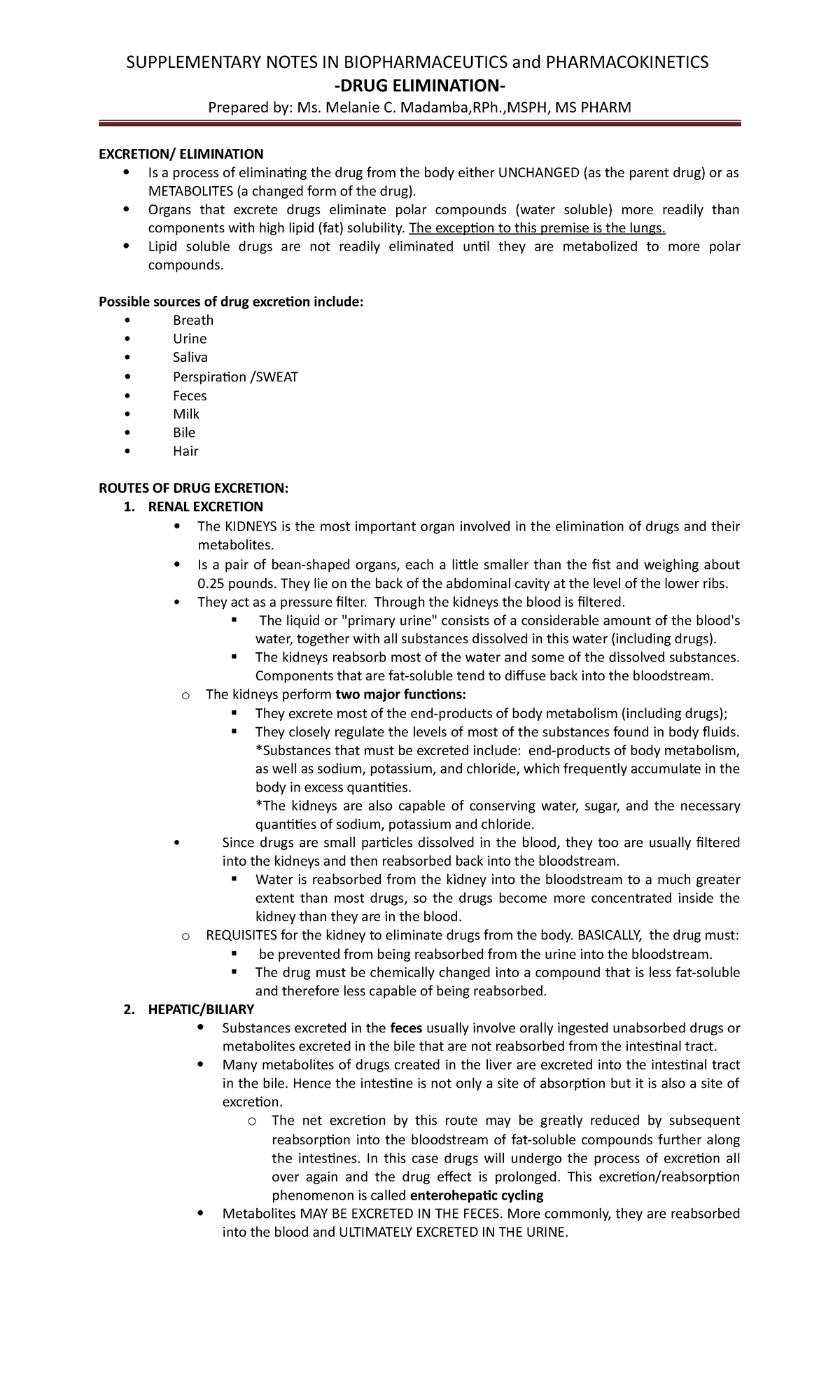 Excretion Supplementary Notes - SUPPLEMENTARY NOTES IN BIOPHARMACEUTICS ...