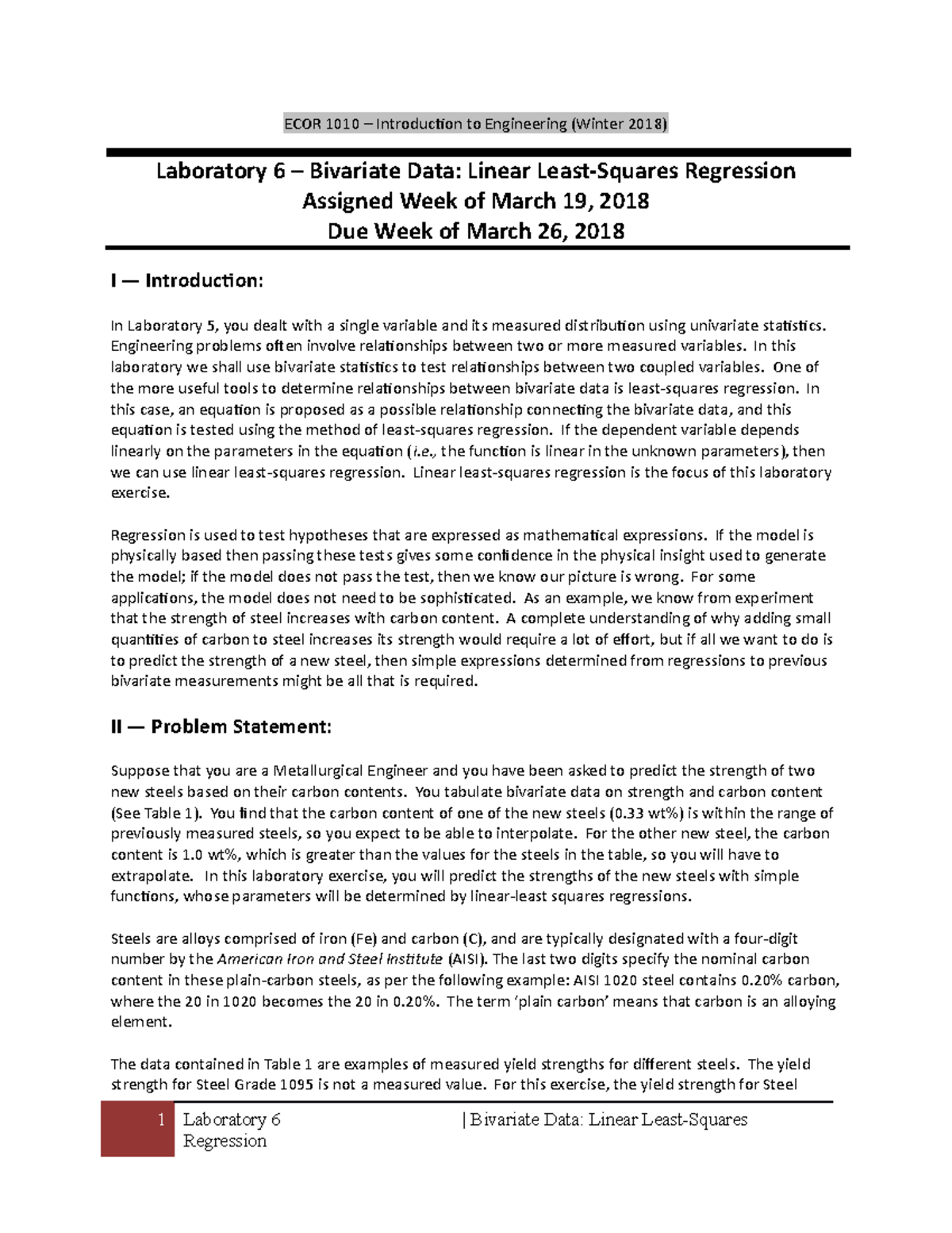 Laboratory 6 2018 - ECOR 1010 – Introduction to Engineering (Winter 2018) Laboratory 6 ...