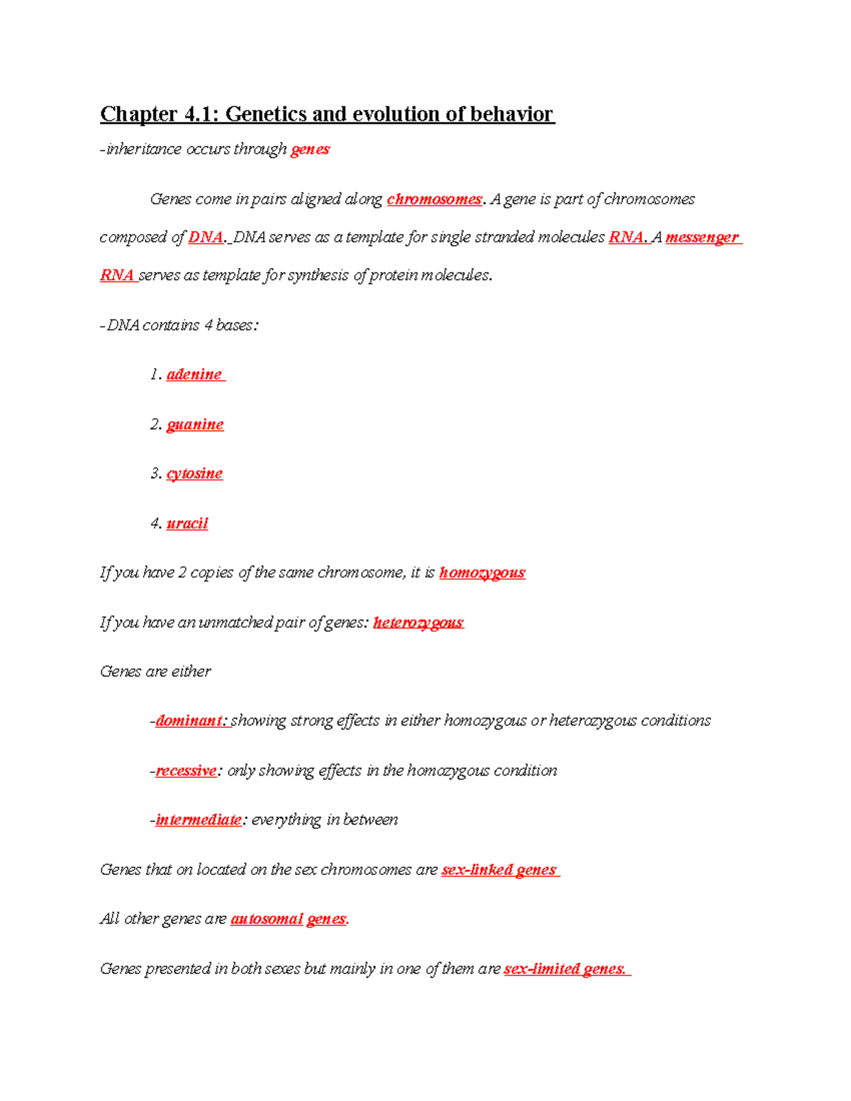 Chapter 4 text notes - Chapter 4: Genetics and evolution of behavior ...