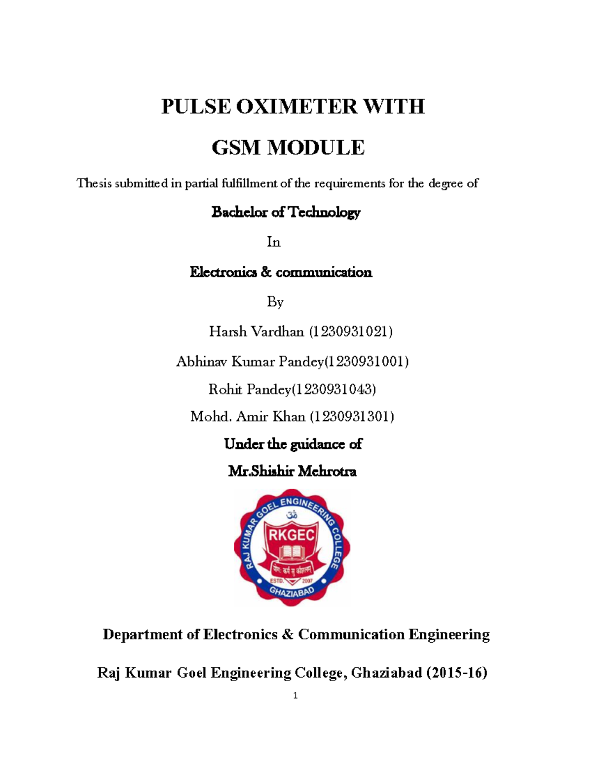 Pulse Oximeter Using GSM MOdule - PULSE OXIMETER WITH GSM MODULE Thesis ...