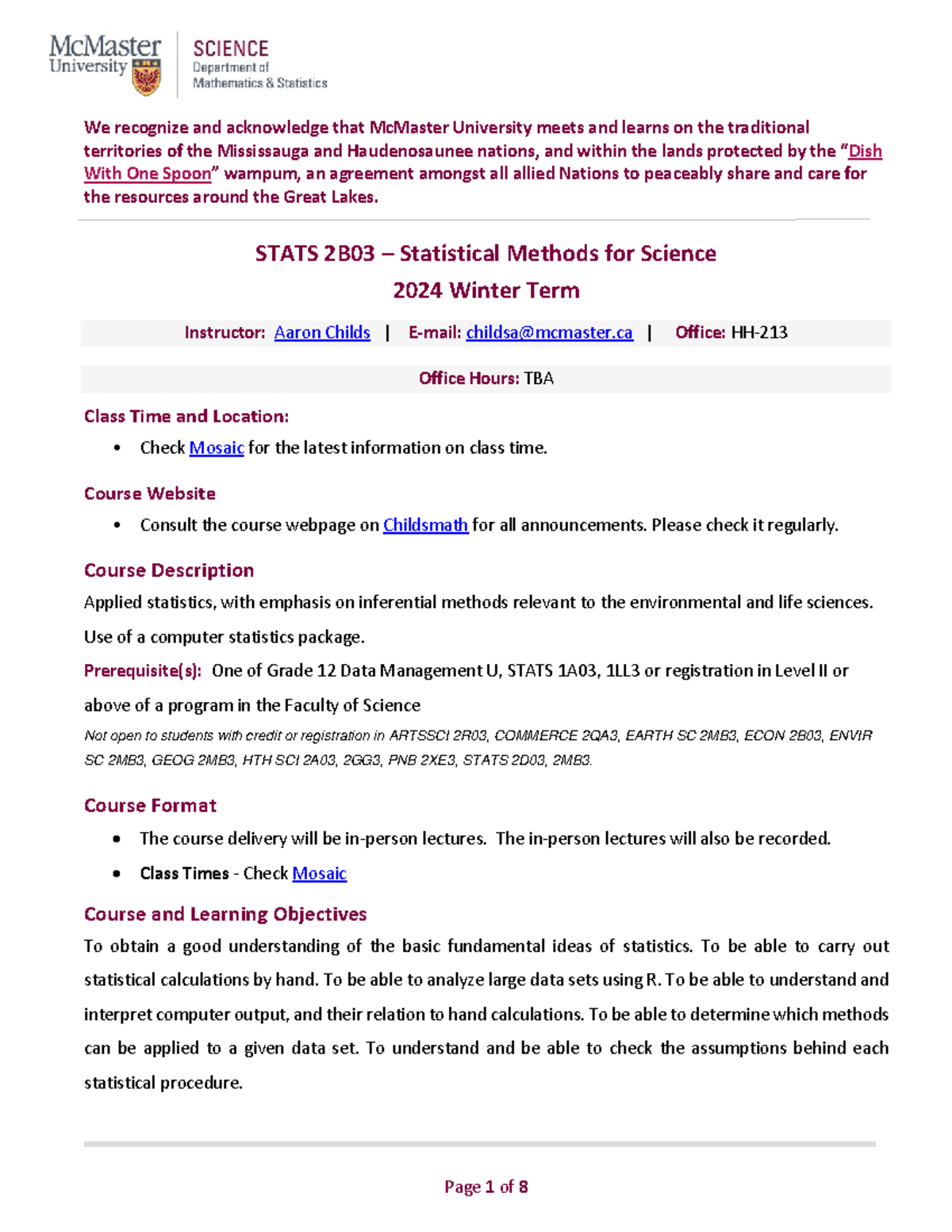 Stats 2B03 Winter 2024 Outline - We recognize and acknowledge that ...