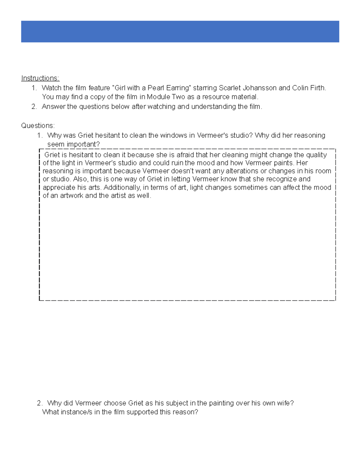 Worksheet 03 - All about arts - WORKSHEET 3: GIRL WITH A PEARL EARRING ...