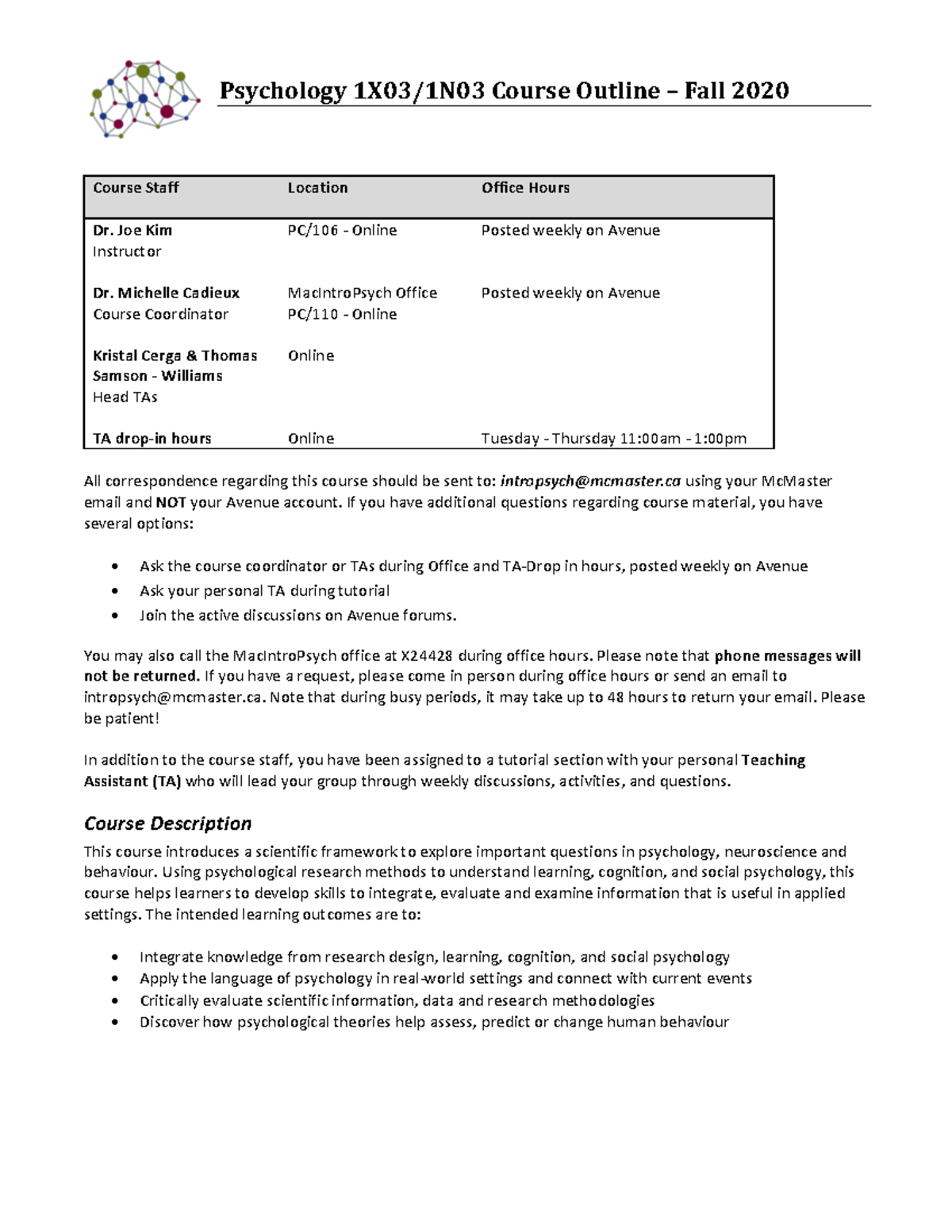 Psych 1X03 Course Outline Fall 2020 - Psychology 1X03/1N03 Course ...