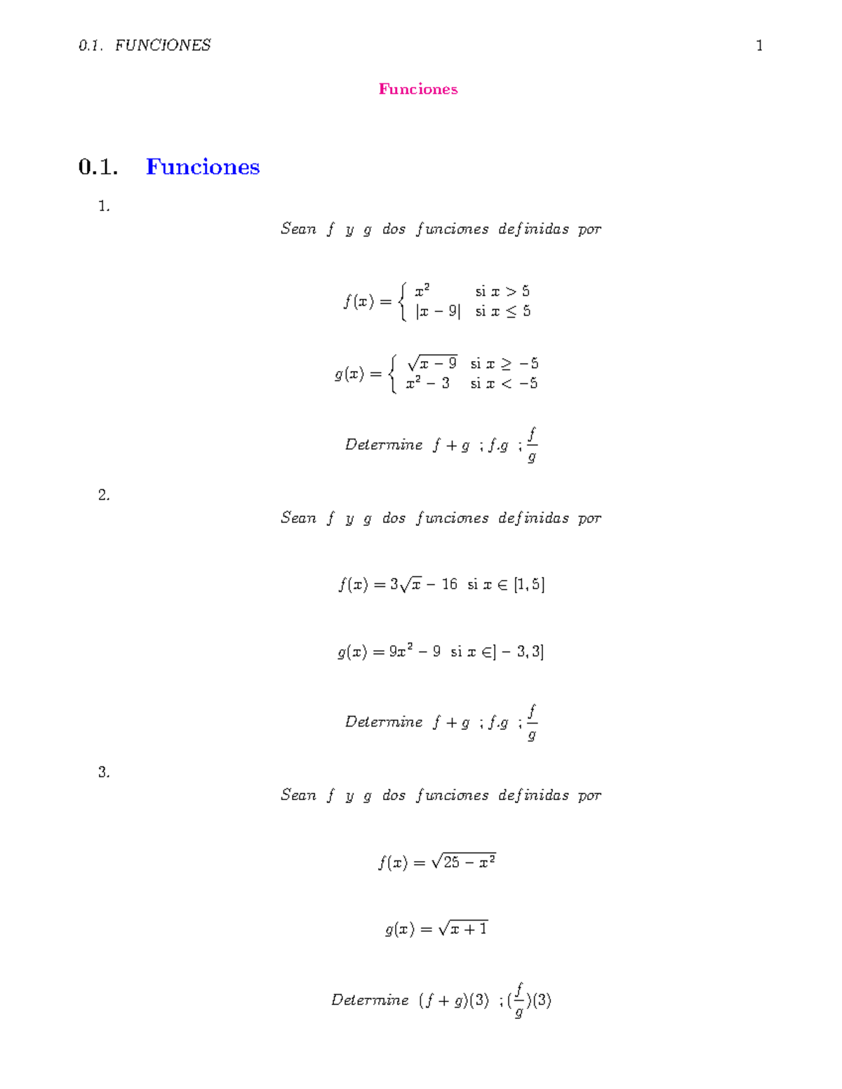 Algebra de funciones-1 - 0. FUNCIONES 1 Funciones 0. Funciones 1. Sean f y g dos f unciones def ...