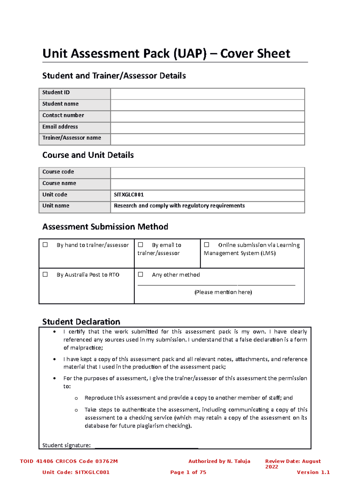 Sitxglc 001 Unit Assessment Pack - Unit Assessment Pack (UAP) – Cover ...