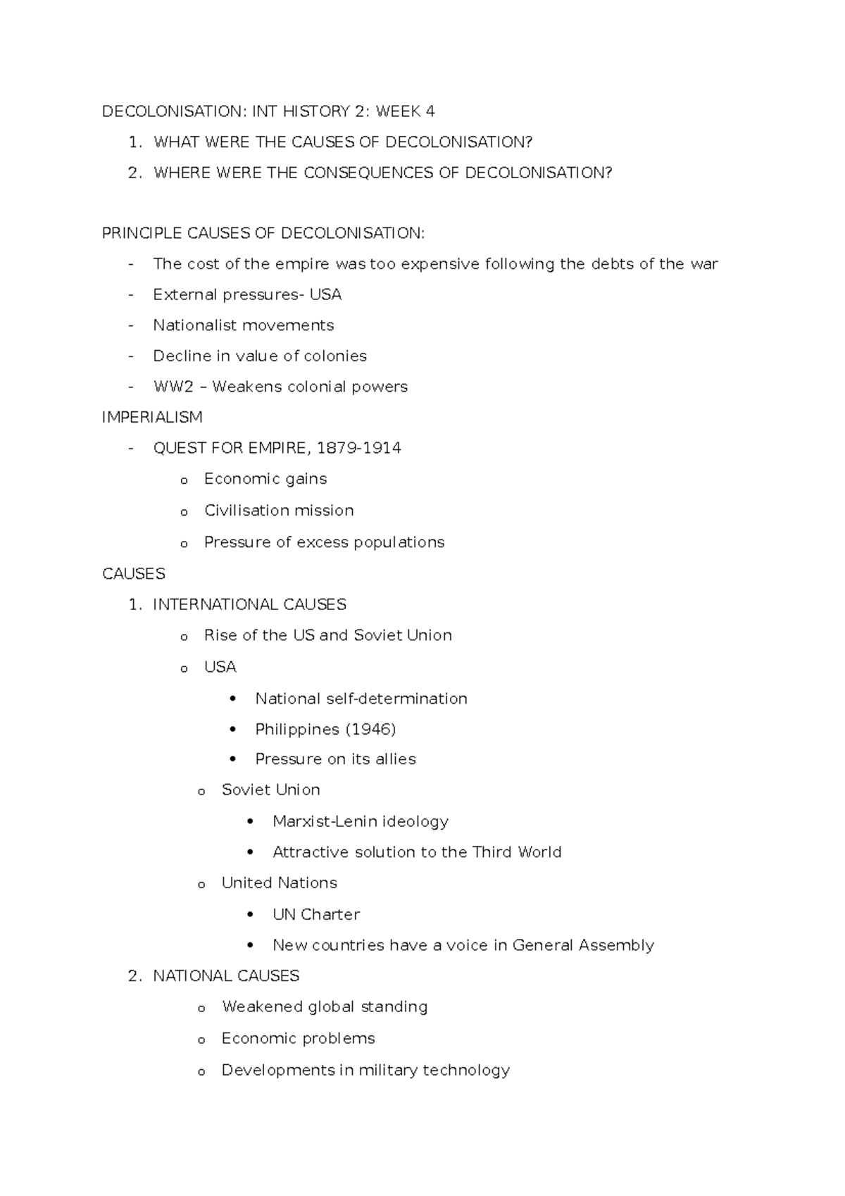 Decolonisation - DECOLONISATION: INT HISTORY 2: WEEK 4 1. WHAT WERE THE ...