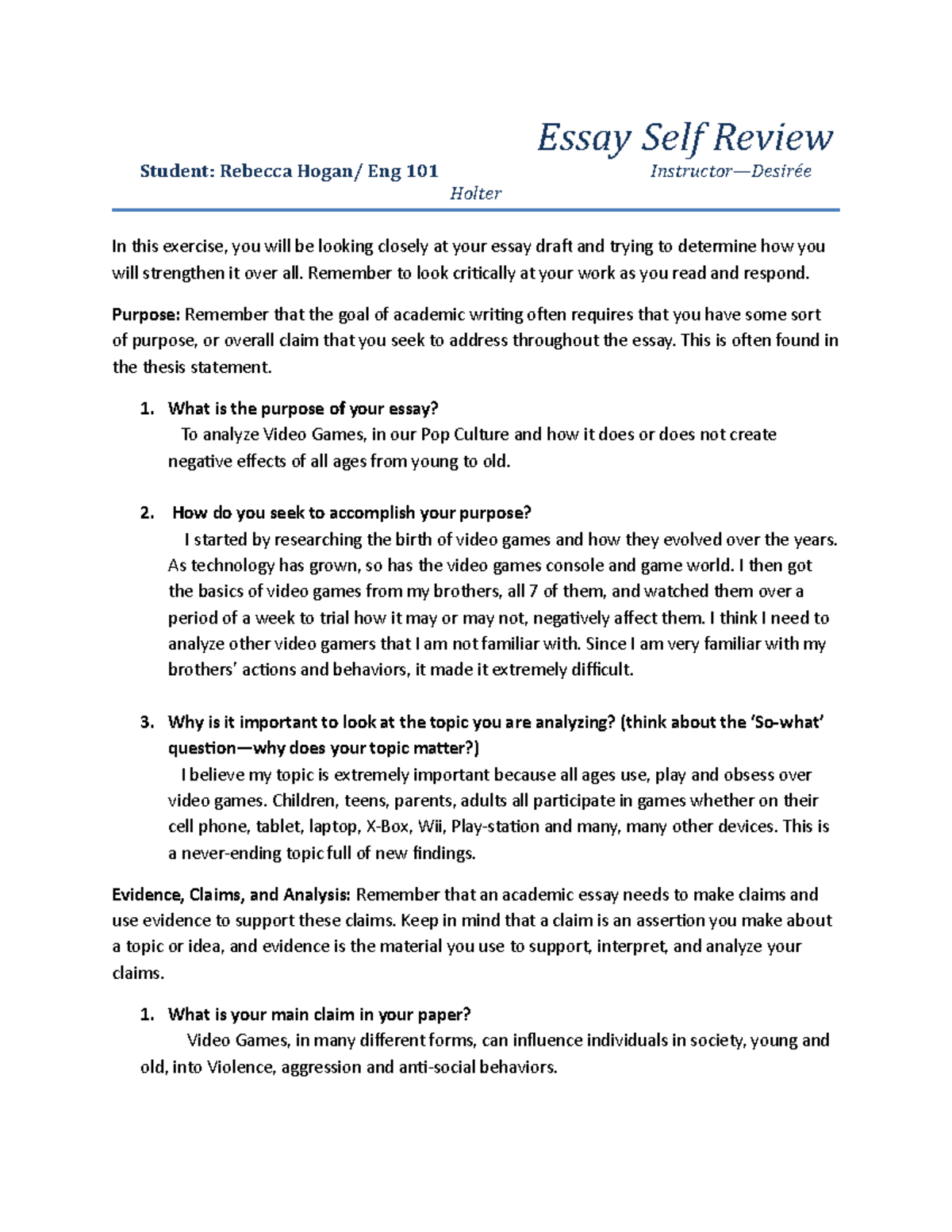 Self Review (Hogan, Rebecca) - Essay Self Review Student: Rebecca Hogan ...